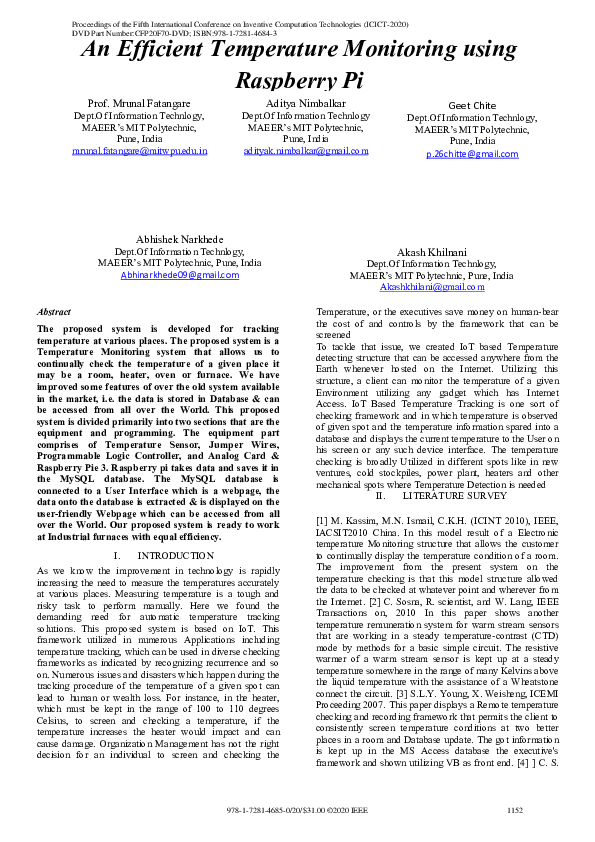 Pdf An Efficient Temperature Monitoring Using Raspberry Pi