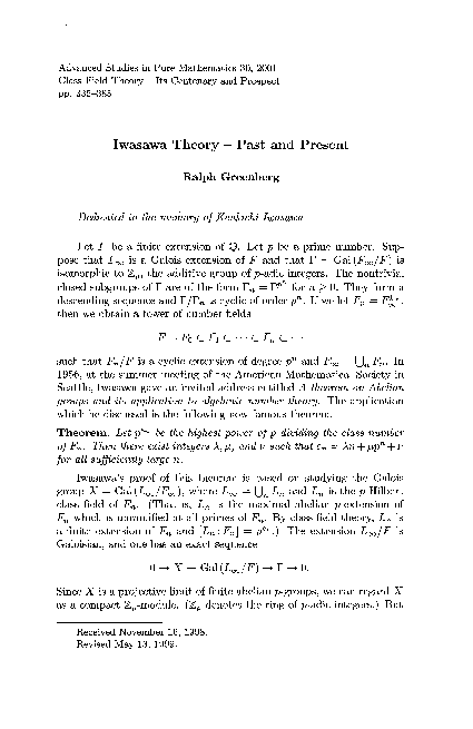 (PDF) Iwasawa Theory — Past and Present