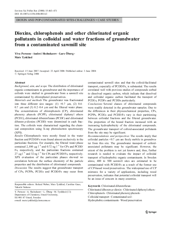 (PDF) Dioxins, chlorophenols and other chlorinated organic pollutants ...