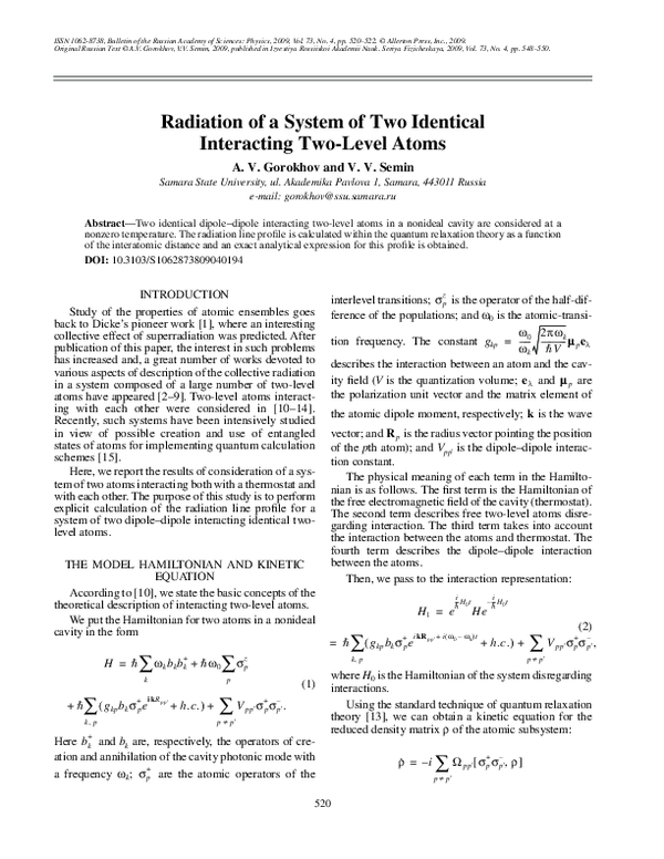 (PDF) Radiation of a system of two identical interacting two-level atoms