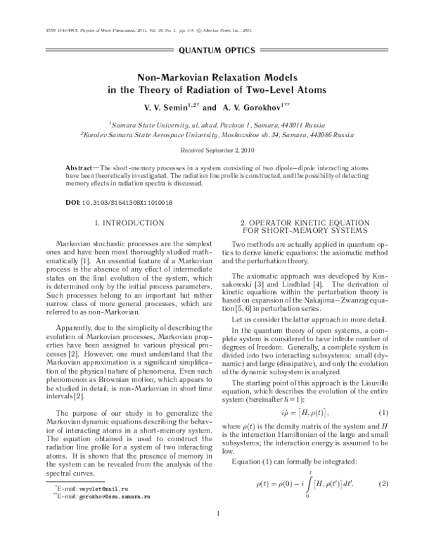 (PDF) Non-markovian relaxation models in the theory of radiation of two ...