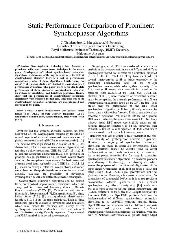 Pdf Static Performance Comparison Of Prominent Synchrophasor Algorithms