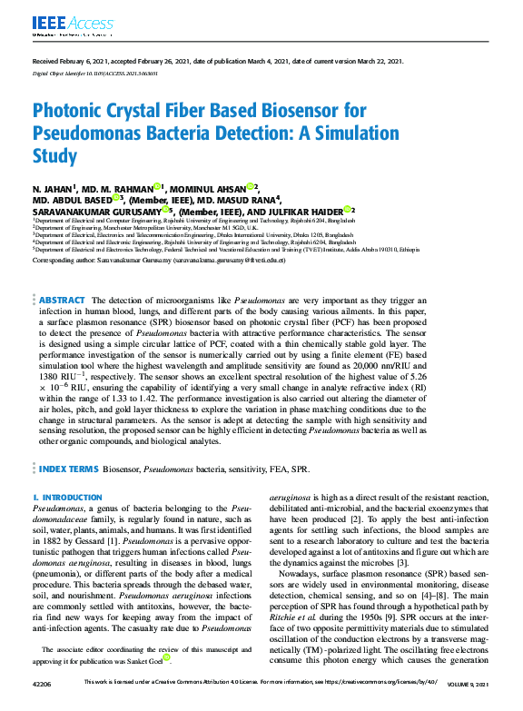 (PDF) Photonic Crystal Fiber Based Biosensor for Pseudomonas Bacteria Detection: A Simulation Study