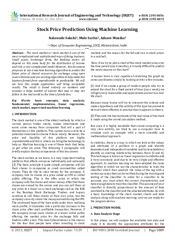 (PDF) IRJET- Stock Price Prediction Using Machine Learning