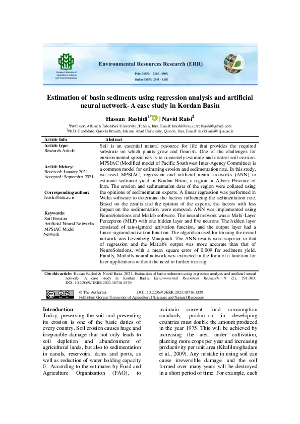 Pdf Estimation Of Basin Sediments Using Regression Analysis And Artificial Neural Network A