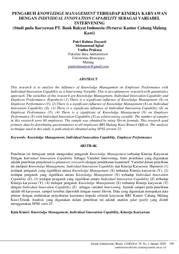 (PDF) PENGARUH KNOWLEDGE MANAGEMENT TERHADAP KINERJA KARYAWAN DENGAN INDIVIDUAL INNOVATION ...