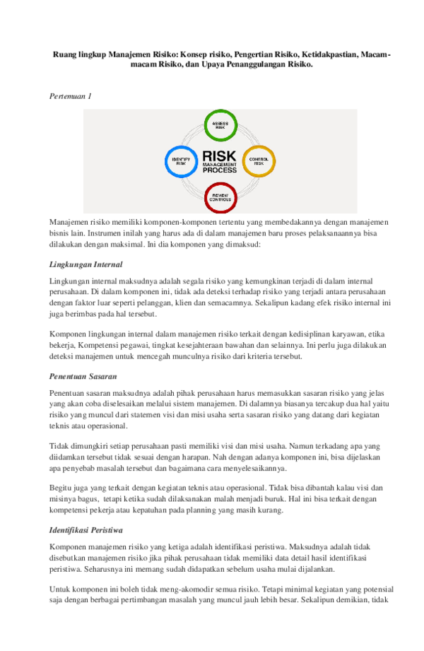 (PDF) Manajemen Risiko Pertemuan 1 Ruang lingkup Manajemen Risiko: Konsep risiko, Pengertian ...