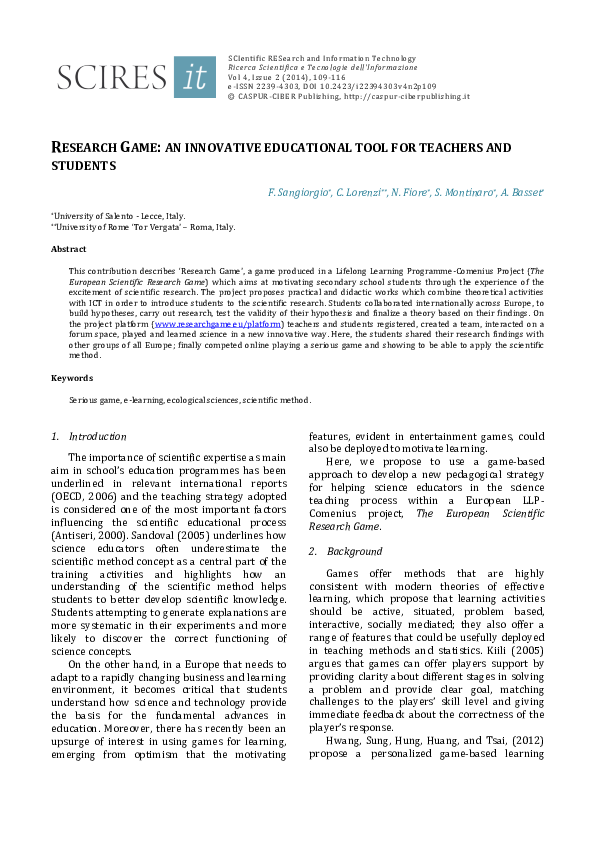 (PDF) Research Game: an innovative educational tool for teachers and ...