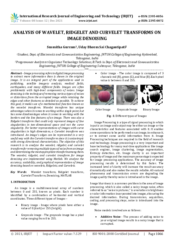 (PDF) IRJET- ANALYSIS OF WAVELET, RIDGELET AND CURVELET TRANSFORMS ON IMAGE DENOISING