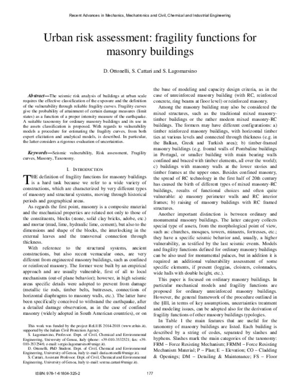 (PDF) Urban risk assessment : fragility functions for masonry buildings