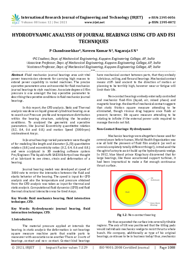 (PDF) IRJET- HYDRODYNAMIC ANALYSIS OF JOURNAL BEARINGS USING CFD AND FSI TECHNIQUES