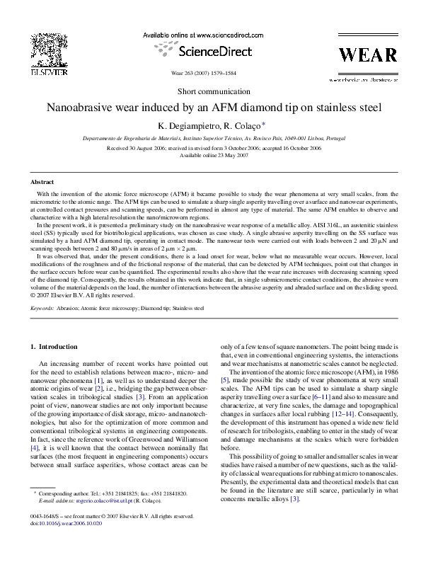 (PDF) Nanoabrasive wear induced by an AFM diamond tip on stainless steel