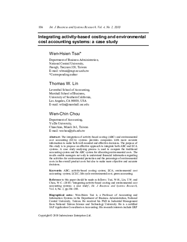 (PDF) Integrating activity-based costing and environmental cost accounting systems: a case study
