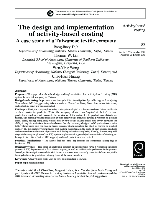 (PDF) The design and implementation of activity-based costing: A case ...