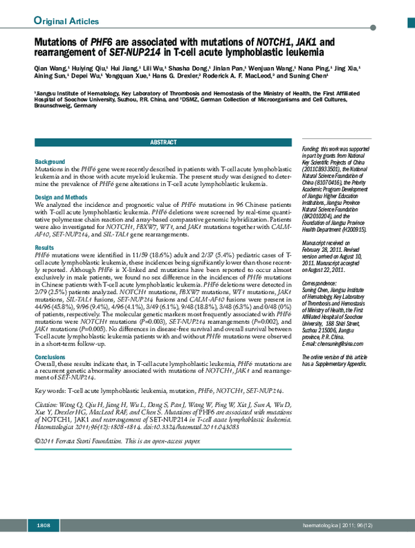 (PDF) Mutations of PHF6 are associated with mutations of NOTCH1, JAK1 ...