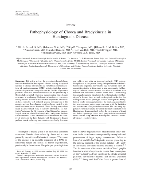 (PDF) Pathophysiology of chorea and bradykinesia in Huntington's disease