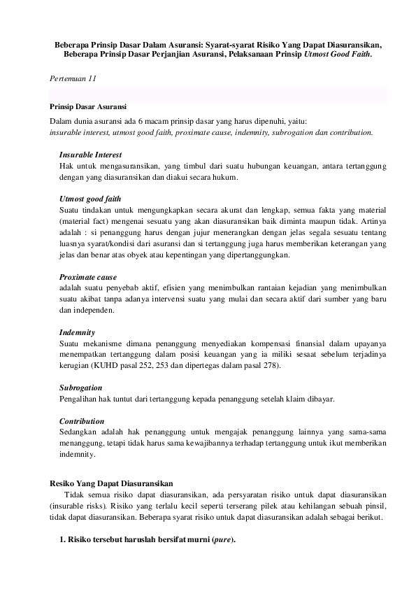 Pdf M Risiko Pertemuan 11 Beberapa Prinsip Dasar Dalam Asuransi Syarat Syarat Risiko Yang