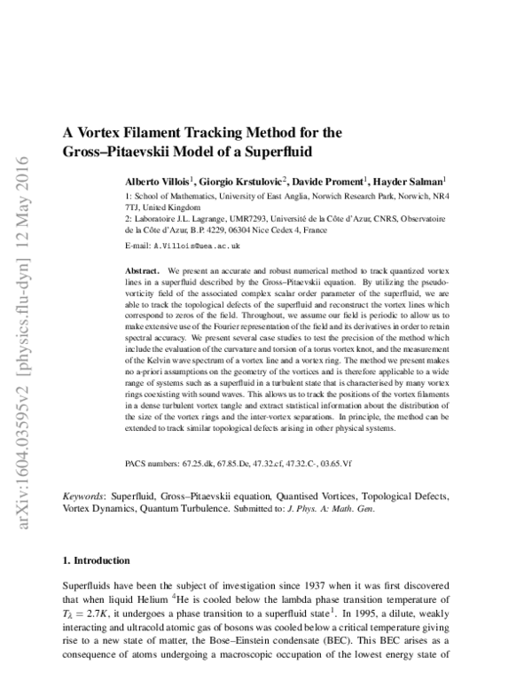 (PDF) A vortex filament tracking method for the Gross–Pitaevskii model of a superfluid