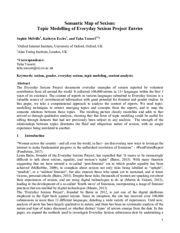 Pdf Semantic Map Of Sexism Topic Modelling Of Everyday Sexism Project Entries