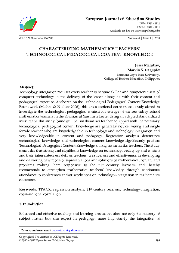 (PDF) Characterizing Mathematics Teachers’ Technological Pedagogical Content Knowledge