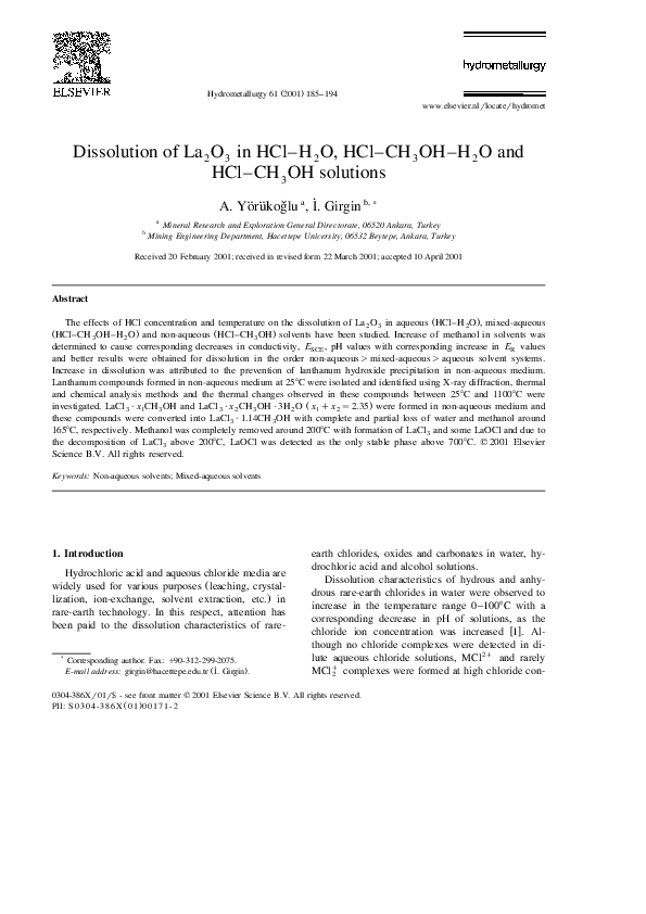(PDF) Dissolution of La2O3 in HCl–H2O, HCl–CH3OH–H2O and HCl–CH3OH ...