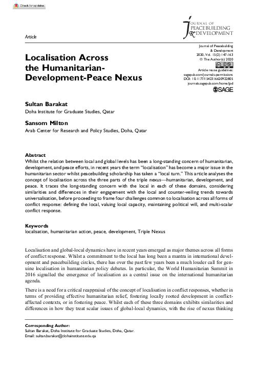 (PDF) Localisation Across the Humanitarian-Development-Peace Nexus