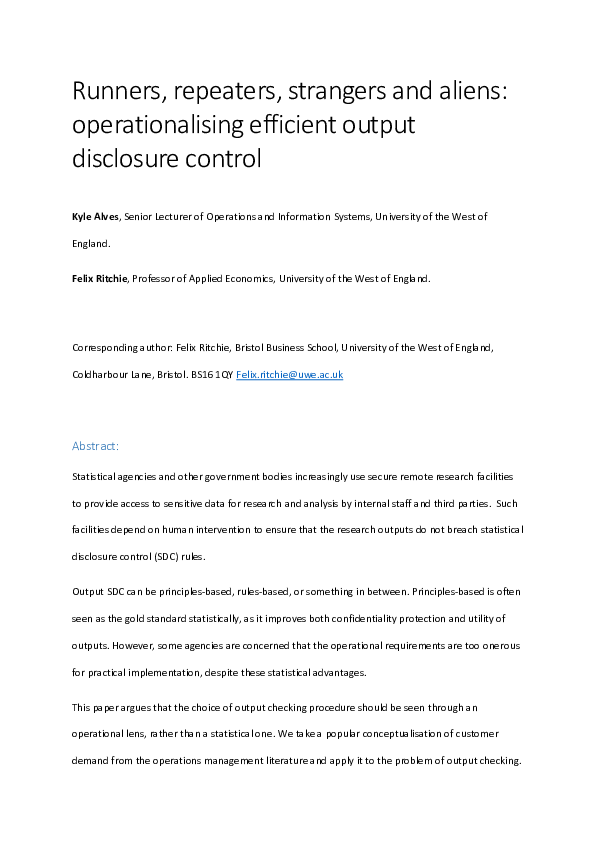 (PDF) Runners, repeaters, strangers and aliens: Operationalising efficient output disclosure ...