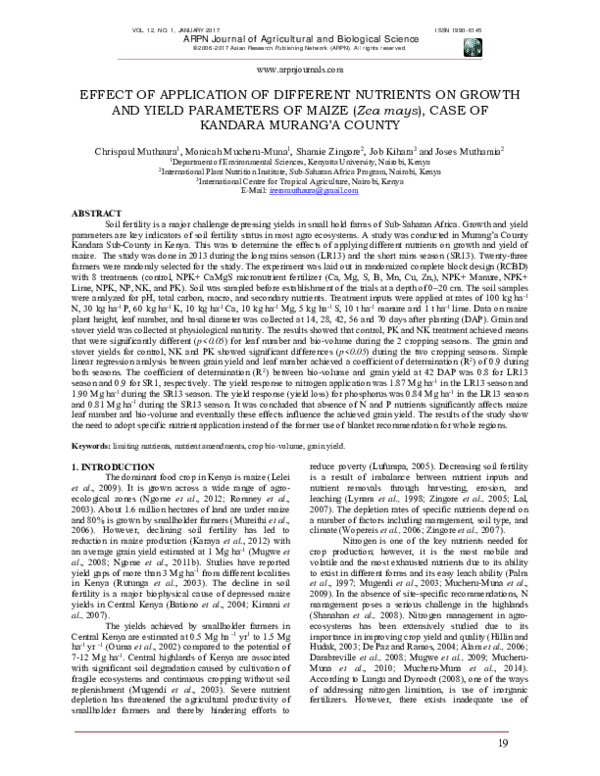 Pdf Effect Of Application Of Different Nutrients On Growth And Yield Parameters Of Maize Zea