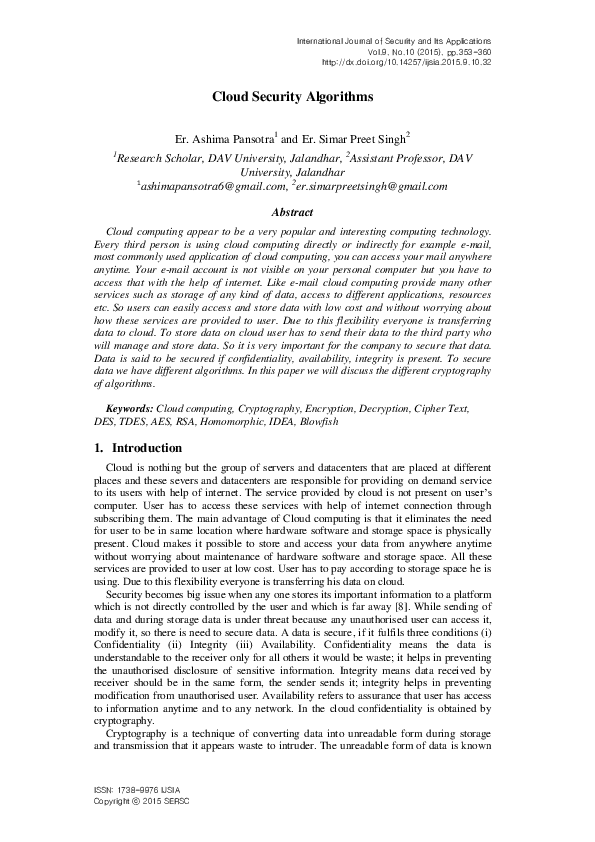 (PDF) Cloud Security Algorithms