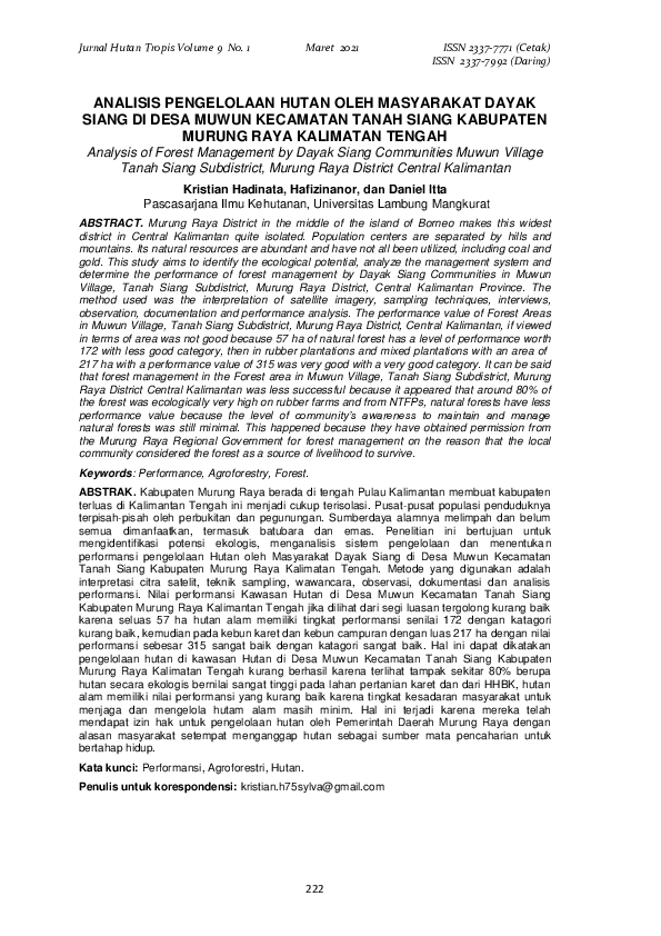 (PDF) Analisis Pengelolaan Hutan Oleh Masyarakat Dayak Siang DI Desa ...