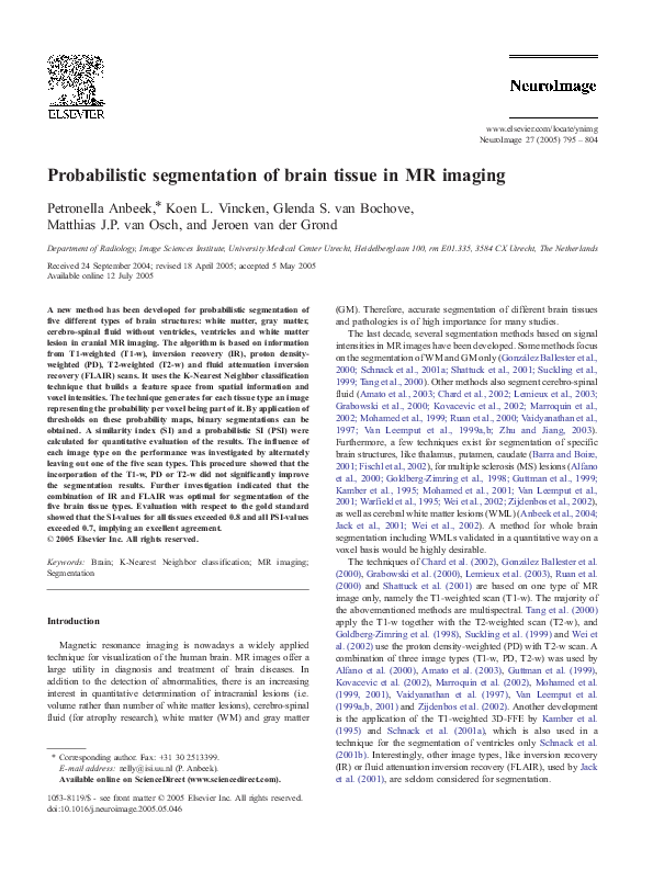 (PDF) Probabilistic segmentation of brain tissue in MR imaging