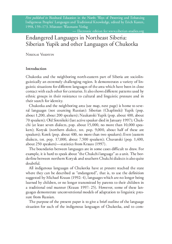 (PDF) Endangered Languages in Northeast Siberia : Siberian Yupik and ...