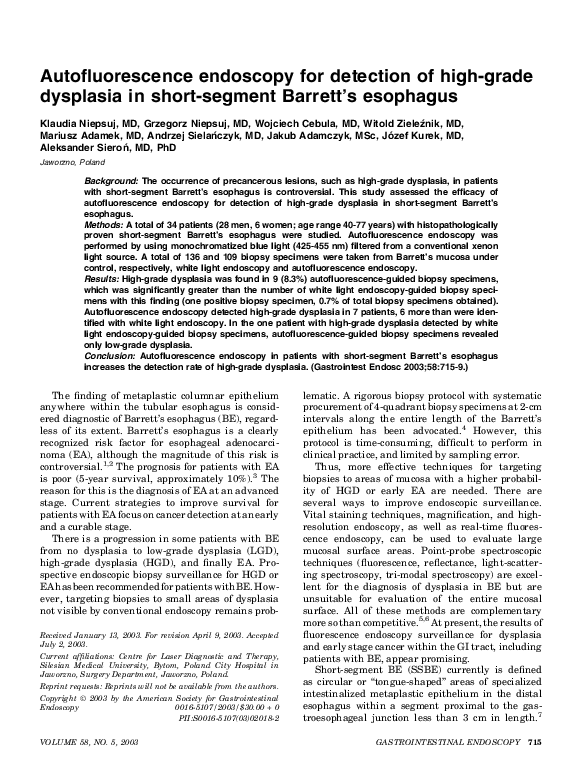 (PDF) Autofluorescence endoscopy for detection of high-grade dysplasia ...