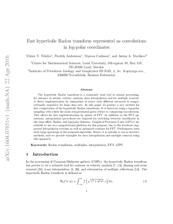 (PDF) Fast hyperbolic Radon transform represented as convolutions in ...