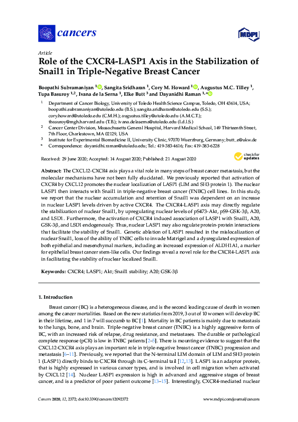 (PDF) Role of the CXCR4-LASP1 Axis in the Stabilization of Snail1 in Triple-Negative Breast Cancer