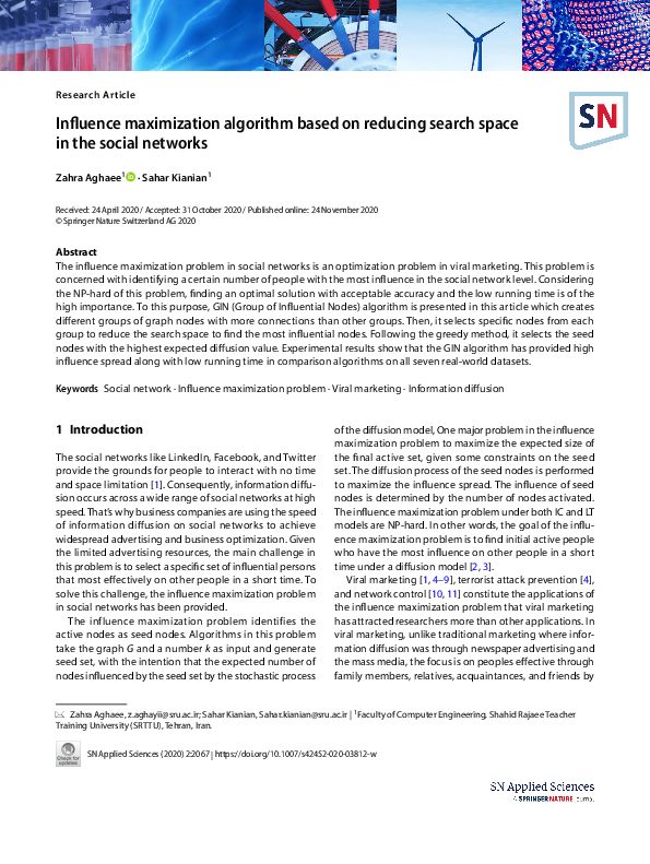Pdf Influence Maximization Algorithm Based On Reducing Search Space In The Social Networks