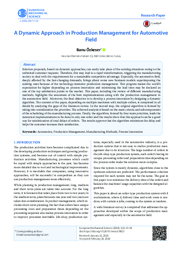 (PDF) A Dynamic Approach In Production Management for Automotive Field