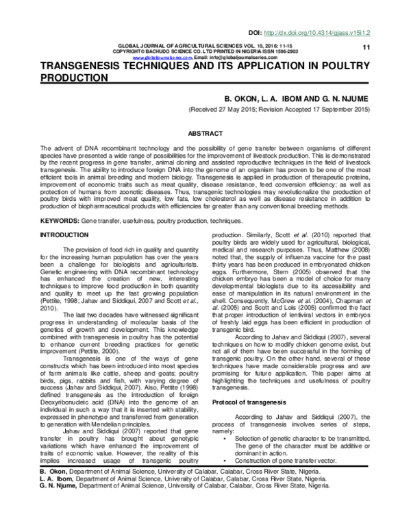 (PDF) Transgenesis techniques and its application in poultry production