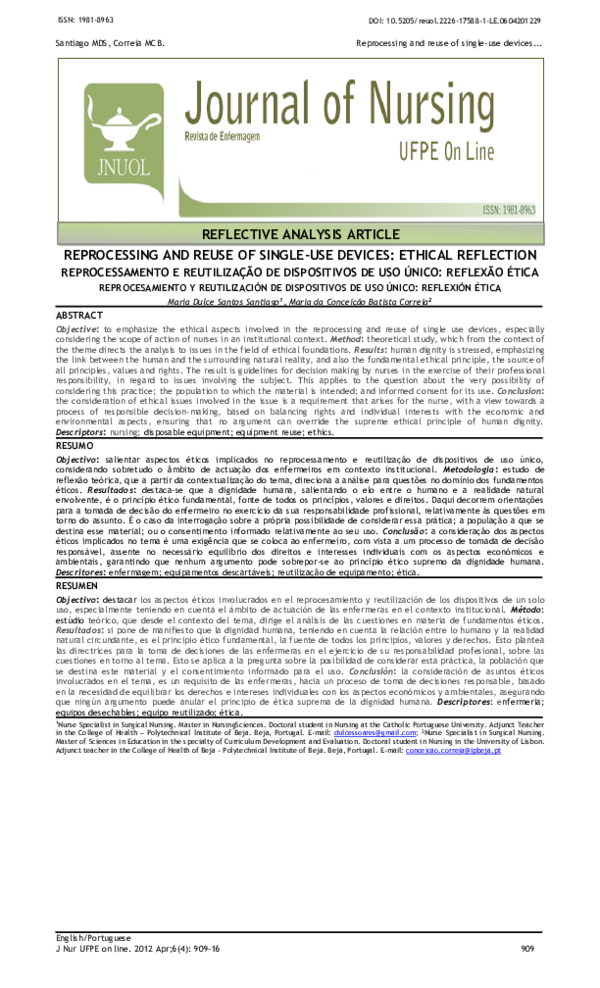 (PDF) Reprocessing and reuse of single-use devices: ethical reflection