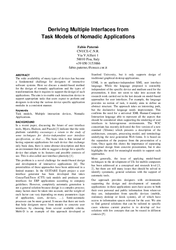 (PDF) Deriving Multiple Interfaces from Task Models of Nomadic Applications