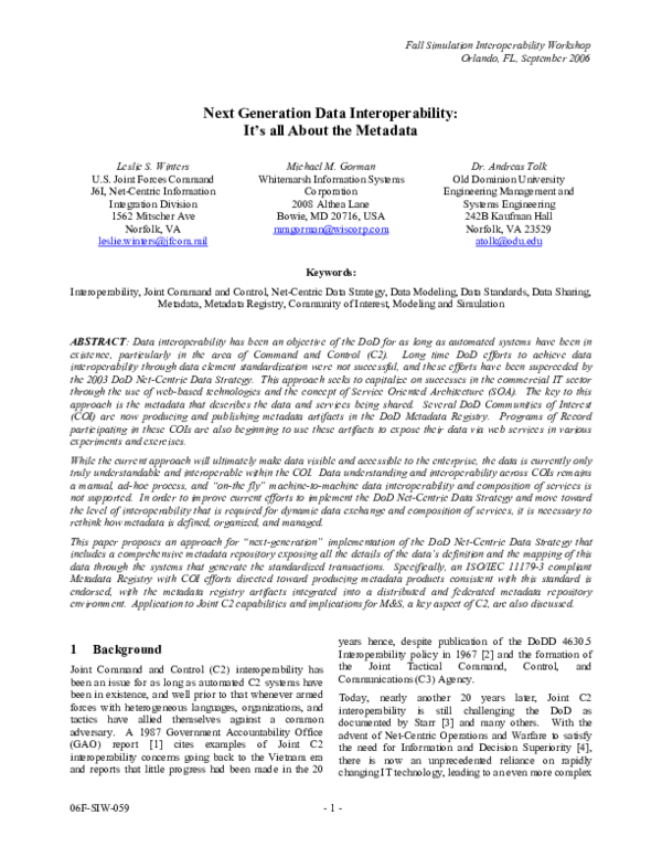 (PDF) Next Generation Data Interoperability: It's all About the Metadata