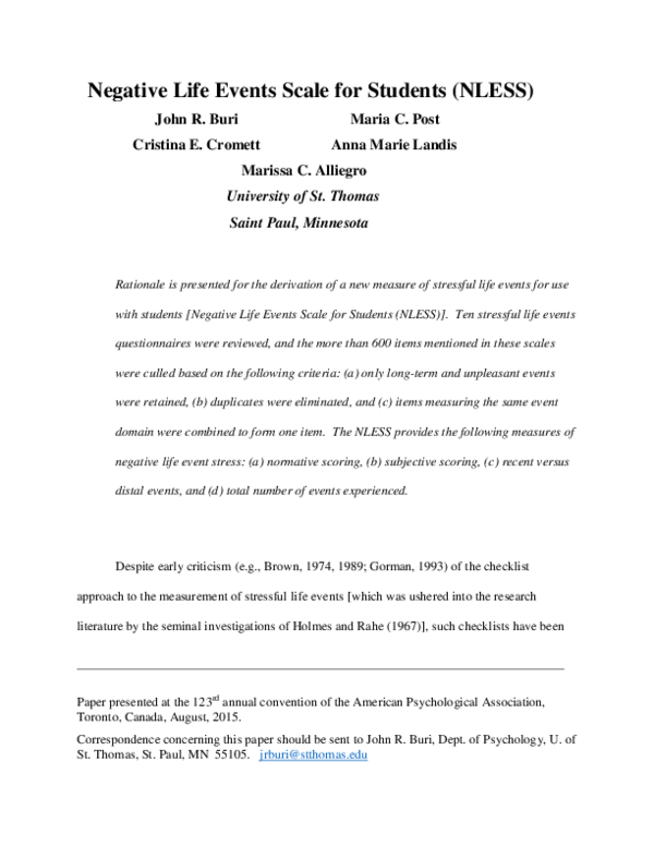 (PDF) Negative Life Events Scale for Students (NLESS)