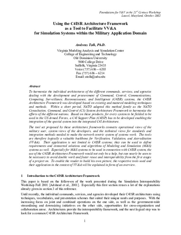 (PDF) Using the C4ISR Architecture Framework as a Tool to Facilitate VV&A for Simulation Systems ...