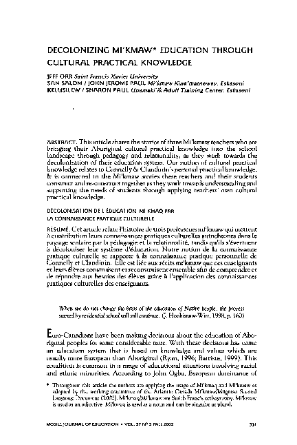 (PDF) Decolonizing MI'Kmaw Education Through Cultural Practical Knowledge