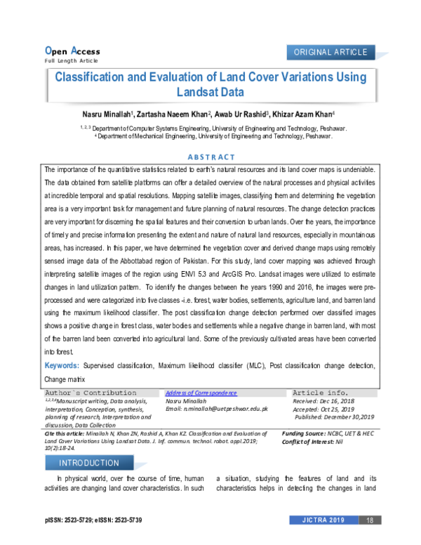 (PDF) Classification and Evaluation of Land Cover Variations Using Landsat Data