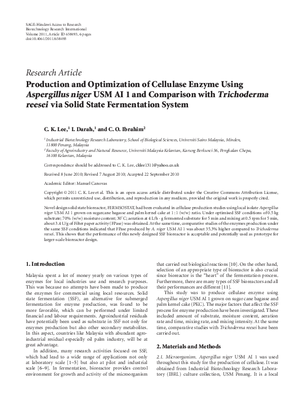 Pdf Production And Optimization Of Cellulase Enzyme Using Aspergillus Niger Usm Ai 1 And