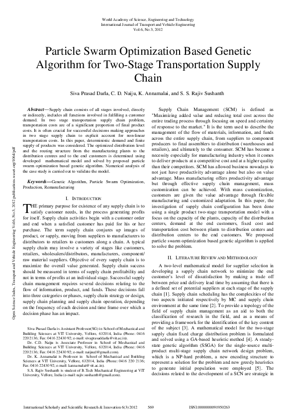 (PDF) Particle Swarm Optimization Based Genetic Algorithm for Two-Stage Transportation Supply Chain