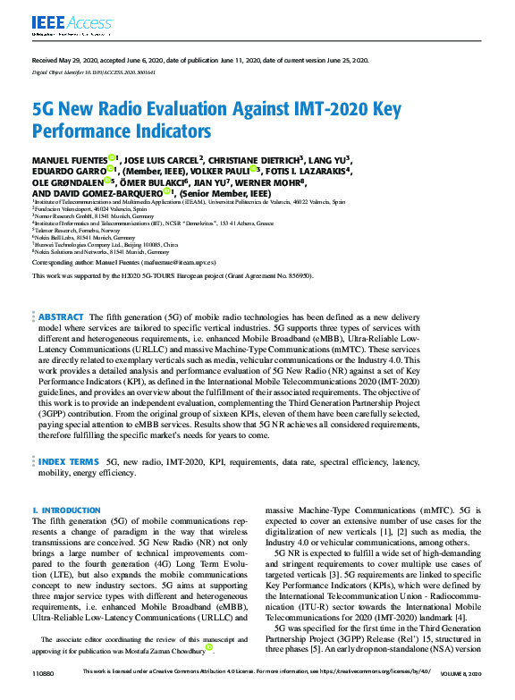 Pdf 5g New Radio Evaluation Against Imt 2020 Key Performance Indicators