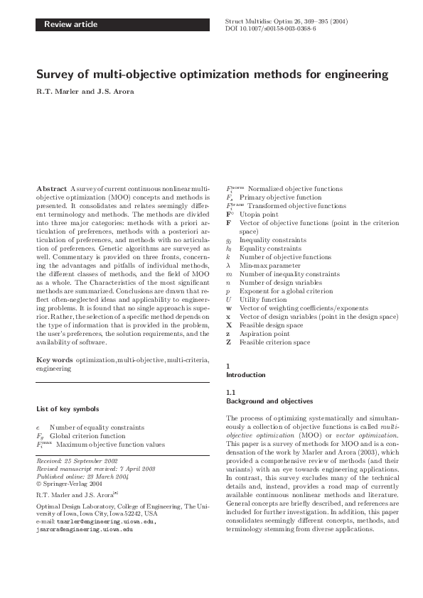 Pdf Survey Of Multi Objective Optimization Methods For Engineering
