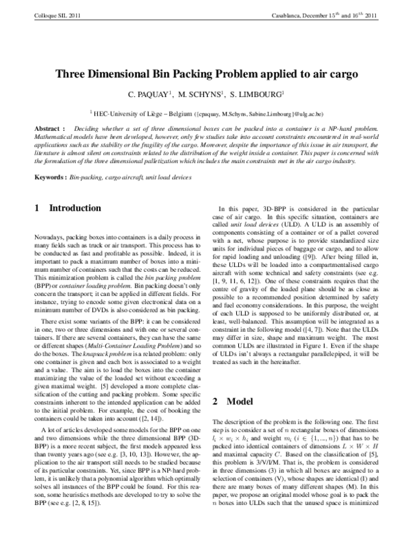 (PDF) Three dimensional Bin Packing Problem applied to air cargo